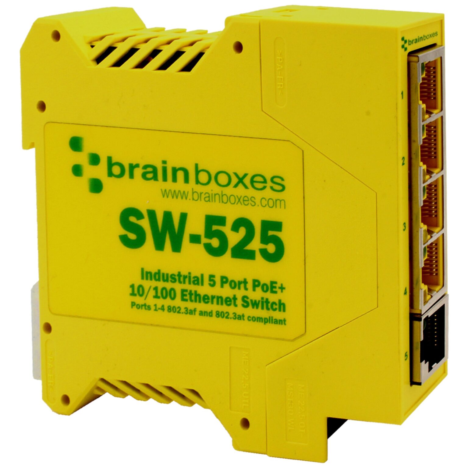 SW-525 Industrial 5 Port PoE+ 10/100 Ethernet Switch - Brainboxes