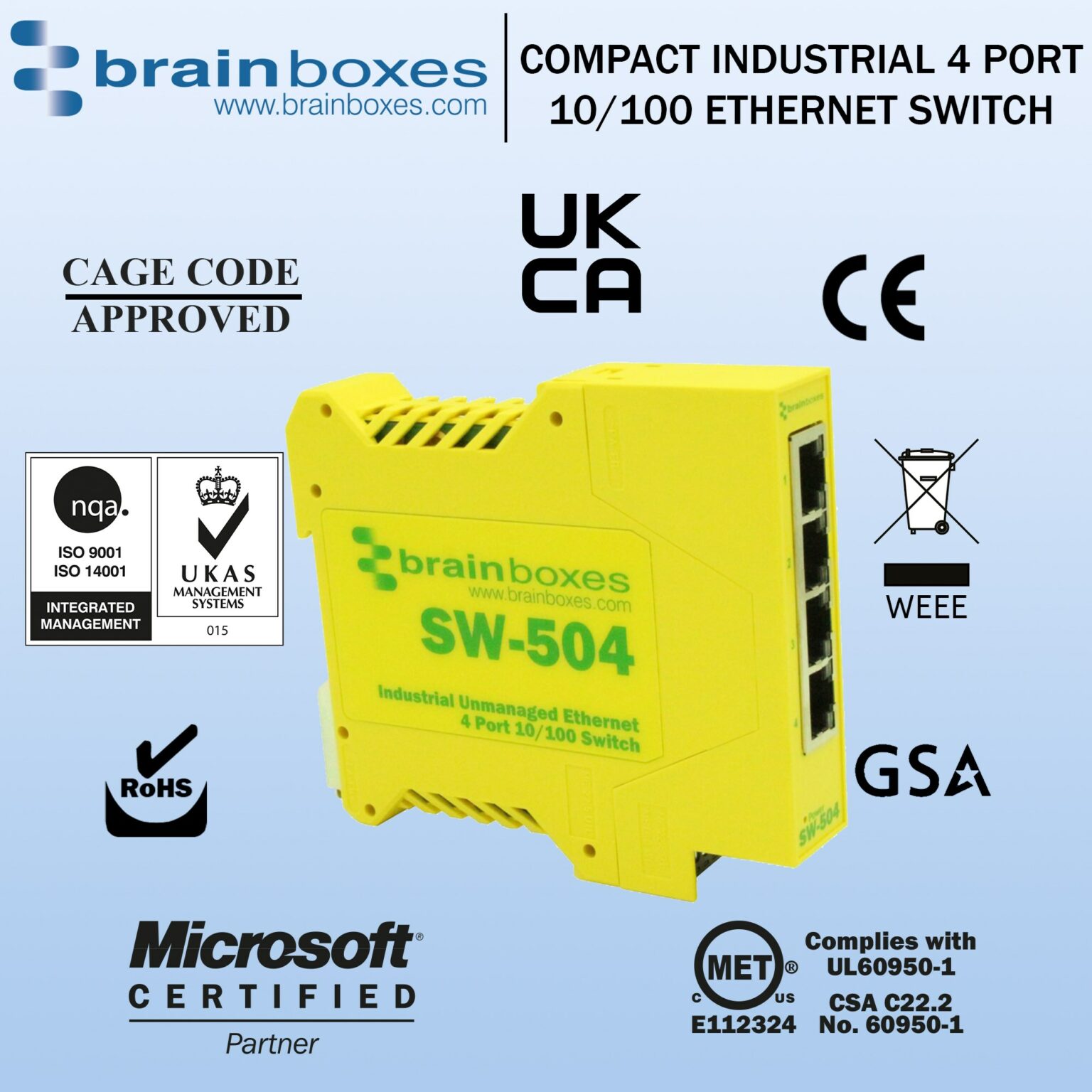 SW-504 Industrial Ethernet 4 Port Switch DIN Rail Mountable - Brainboxes