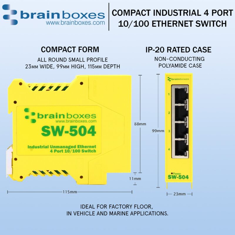 SW-504 Industrial Ethernet 4 Port Switch DIN Rail Mountable - Brainboxes