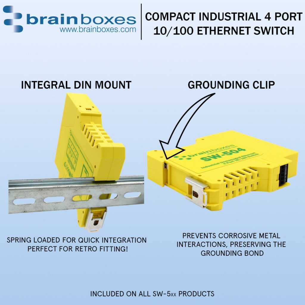 SW-504 Industrial Ethernet 4 Port Switch DIN Rail Mountable - Brainboxes