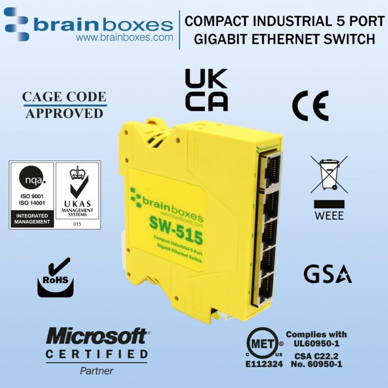 SW-515 Industrial 5 Port Gigabit Ethernet Switch - Brainboxes
