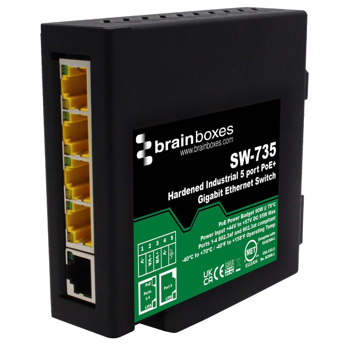SW-735 Hardened Industrial 5 Port PoE+ Gigabit Ethernet Switch - Brainboxes